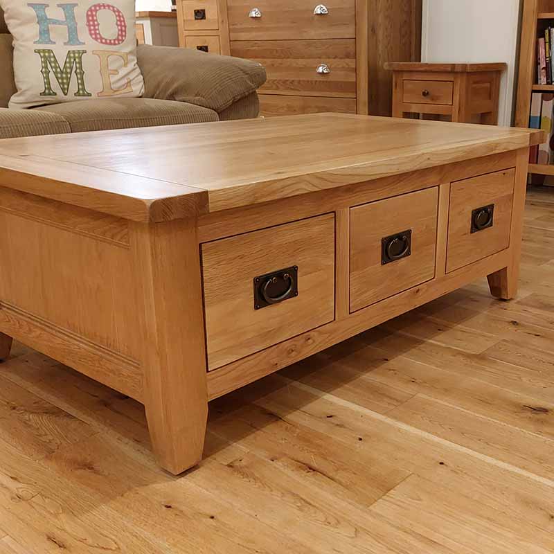 solid oak coffee table with drawers